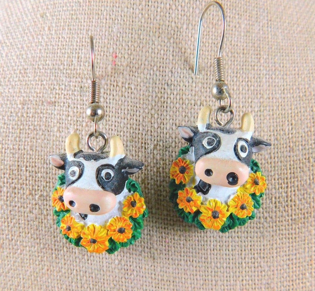 Vintage Hand Painted Cow Earrings: Resin Holstein With Sunflower Wreath ...
