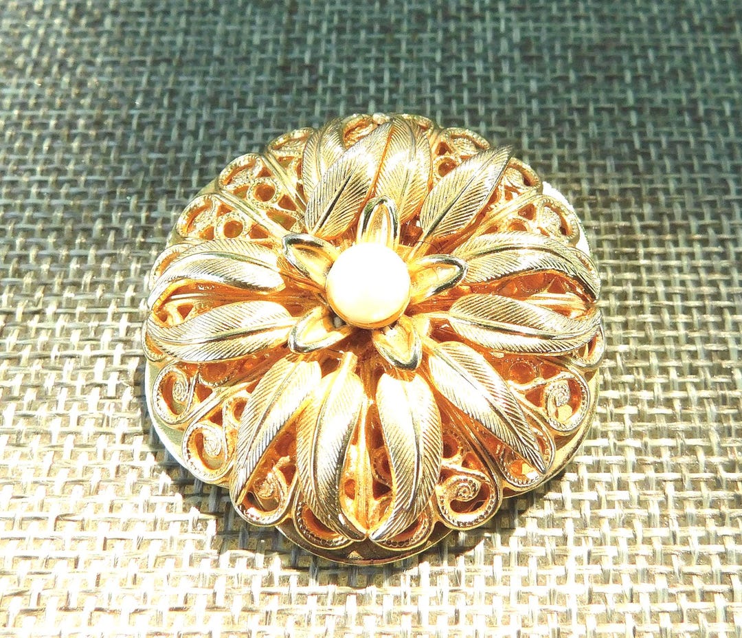 1980's Gold Filigree and Faux Pearl Scarf Clip, Layered Gold Tone ...