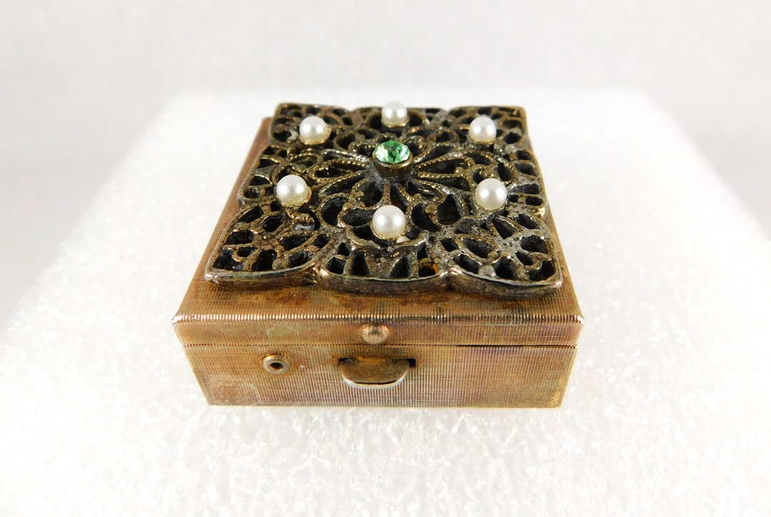 Antiqued Brass Pill Box W/jeweled Filigree Lid, Faux Pearls & Green ...