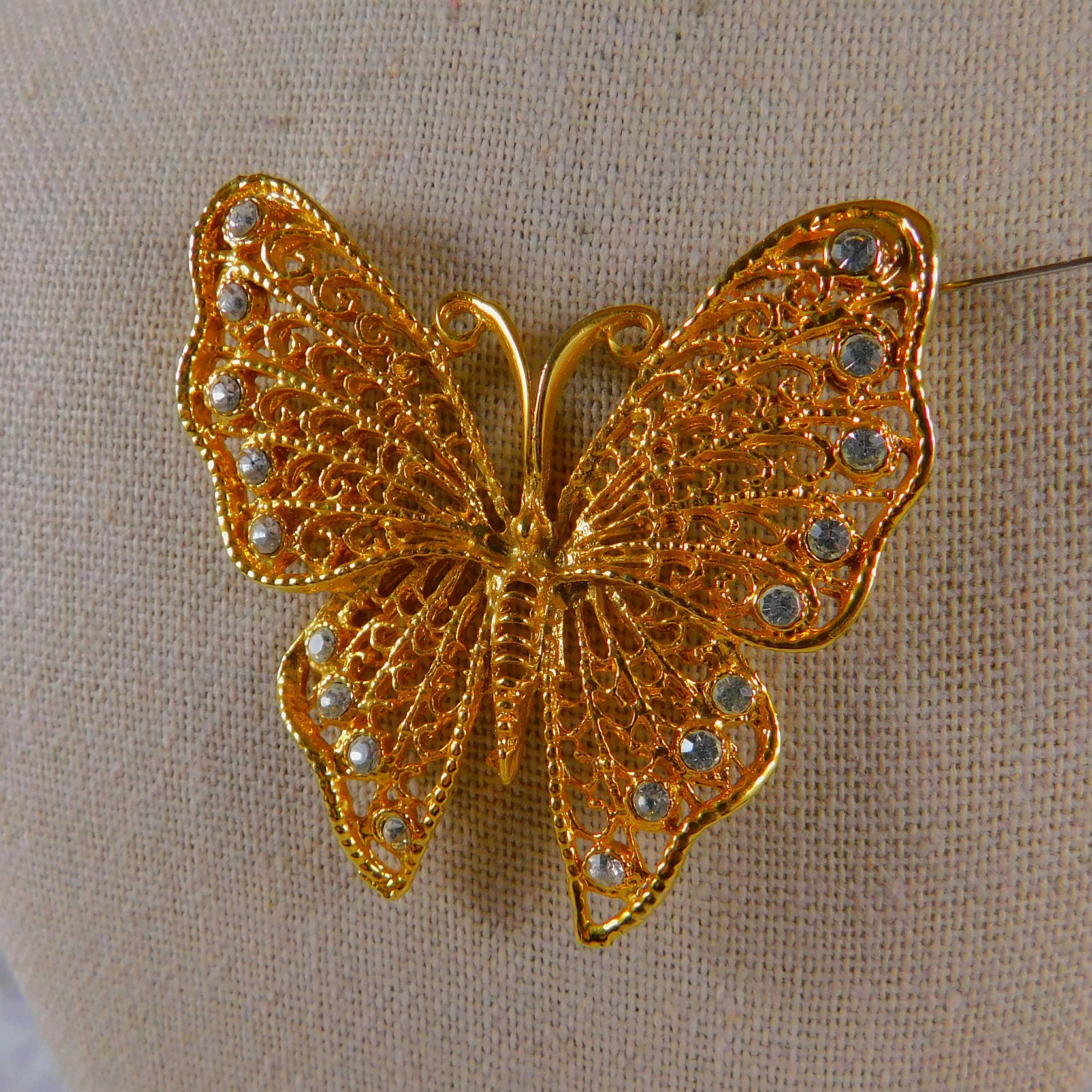 Brilliant Gold Filigree Butterfly Brooch W/crystals on Wing | Etsy