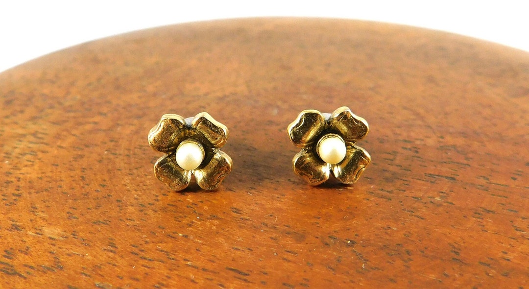 Tiny Gold Plate Floral Earring Studs W/seed Pearl Centers, Gold ...