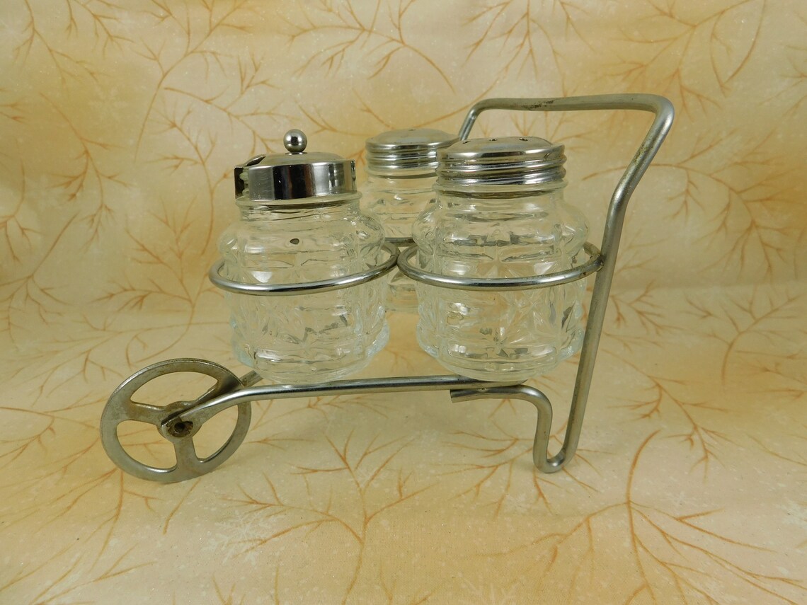 Silver Condiment Caddy Cart W/three Molded Glass Containers - Etsy