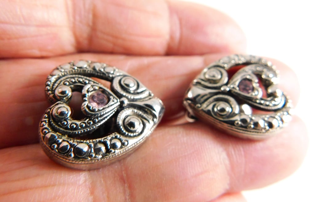 Victorian Style Heart Shaped Clip on Earrings W/pink Crystals & Faux ...
