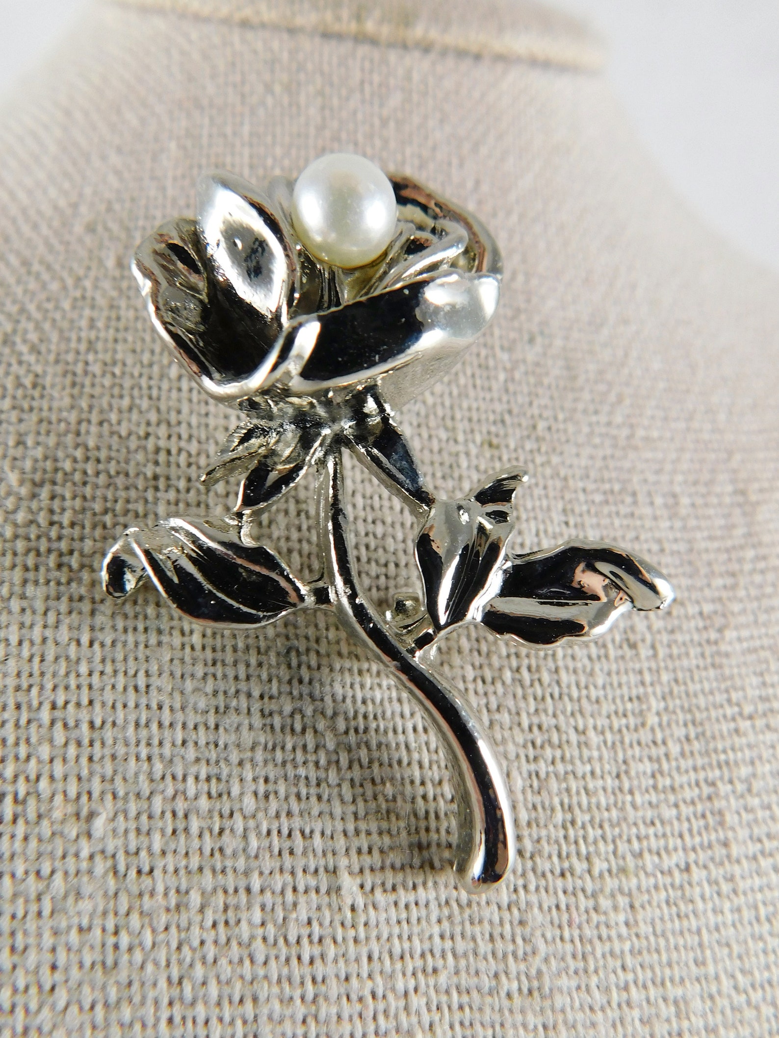 Silver Single Long Stemmed Rose Brooch W/faux Pearl Center, Sweetheart ...