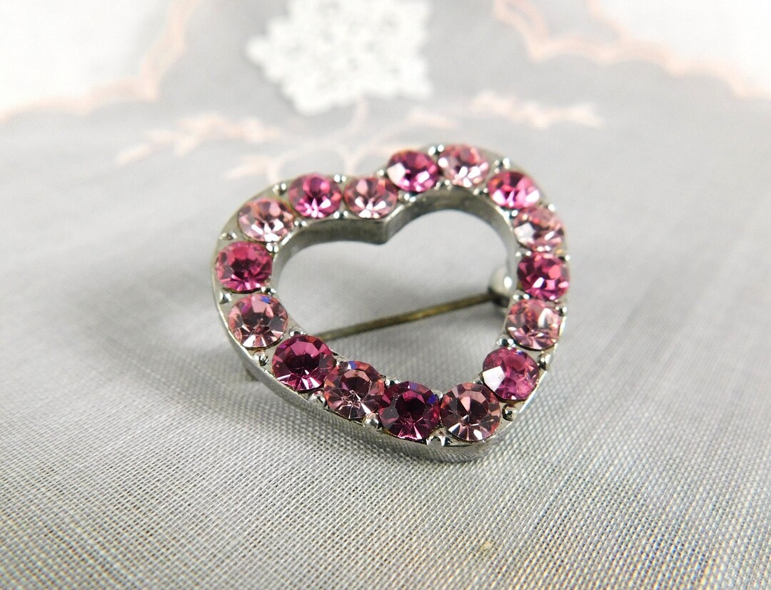 Two Toned Pink Crystal Heart Brooch, Open Work Silver & Pink Heart ...