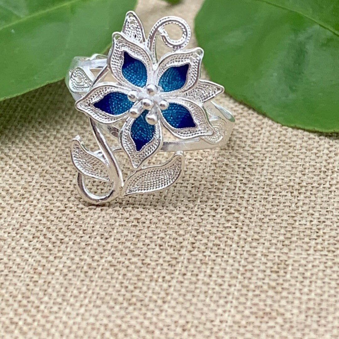 Elegant Cloisonne Flower Ring Solid S990 Pure Silver Open Ring - Etsy