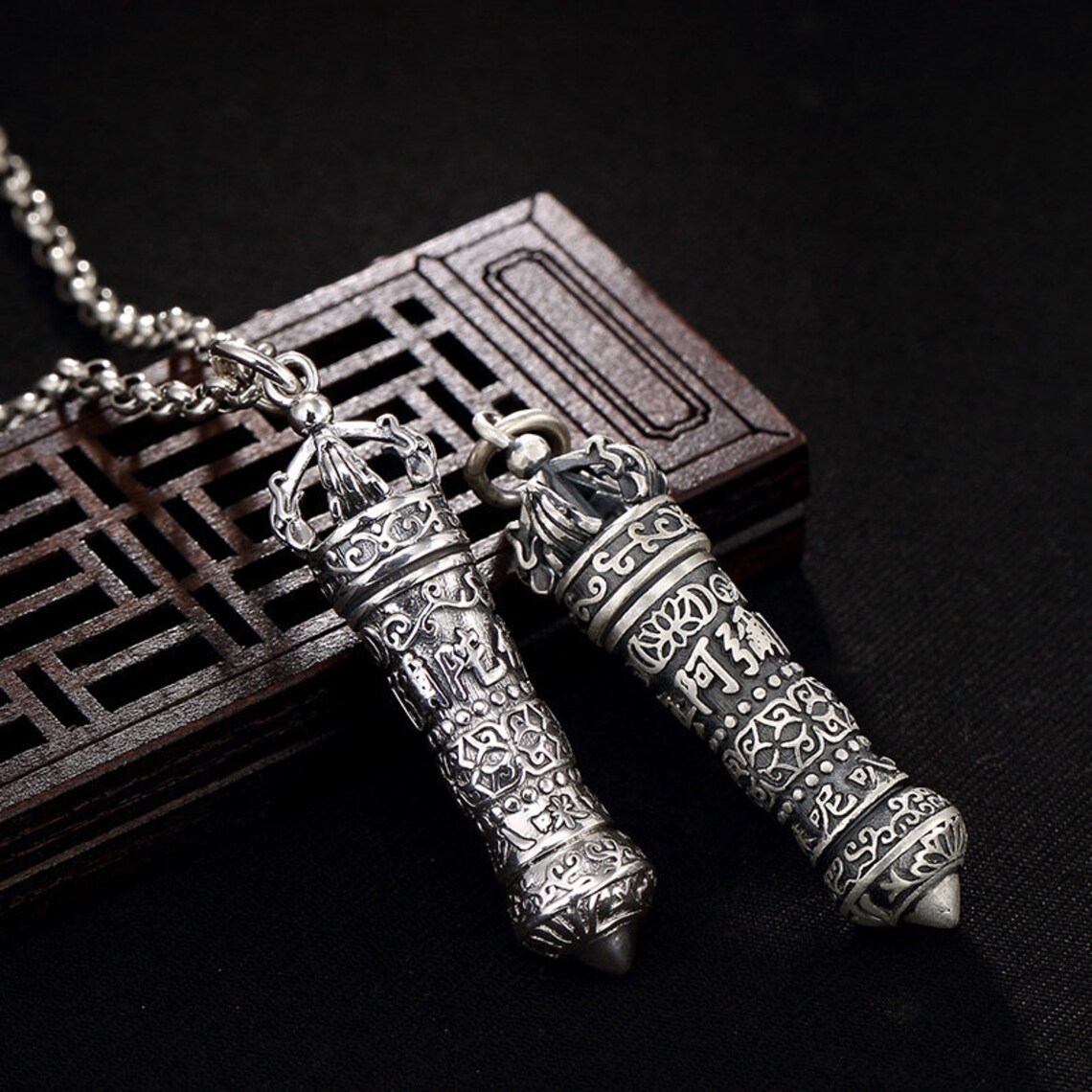 Solid S990 Pure Silver Vintage Cylinder Shape Buddhist | Etsy