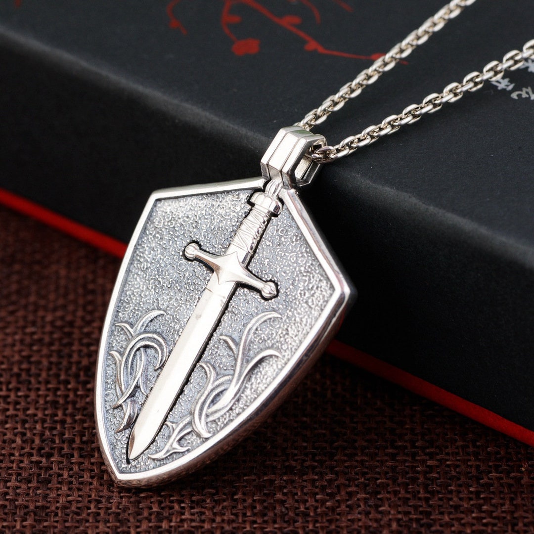 Shield and Sword Shape Pendant Fine Solid S925 Sterling Silver Mens ...