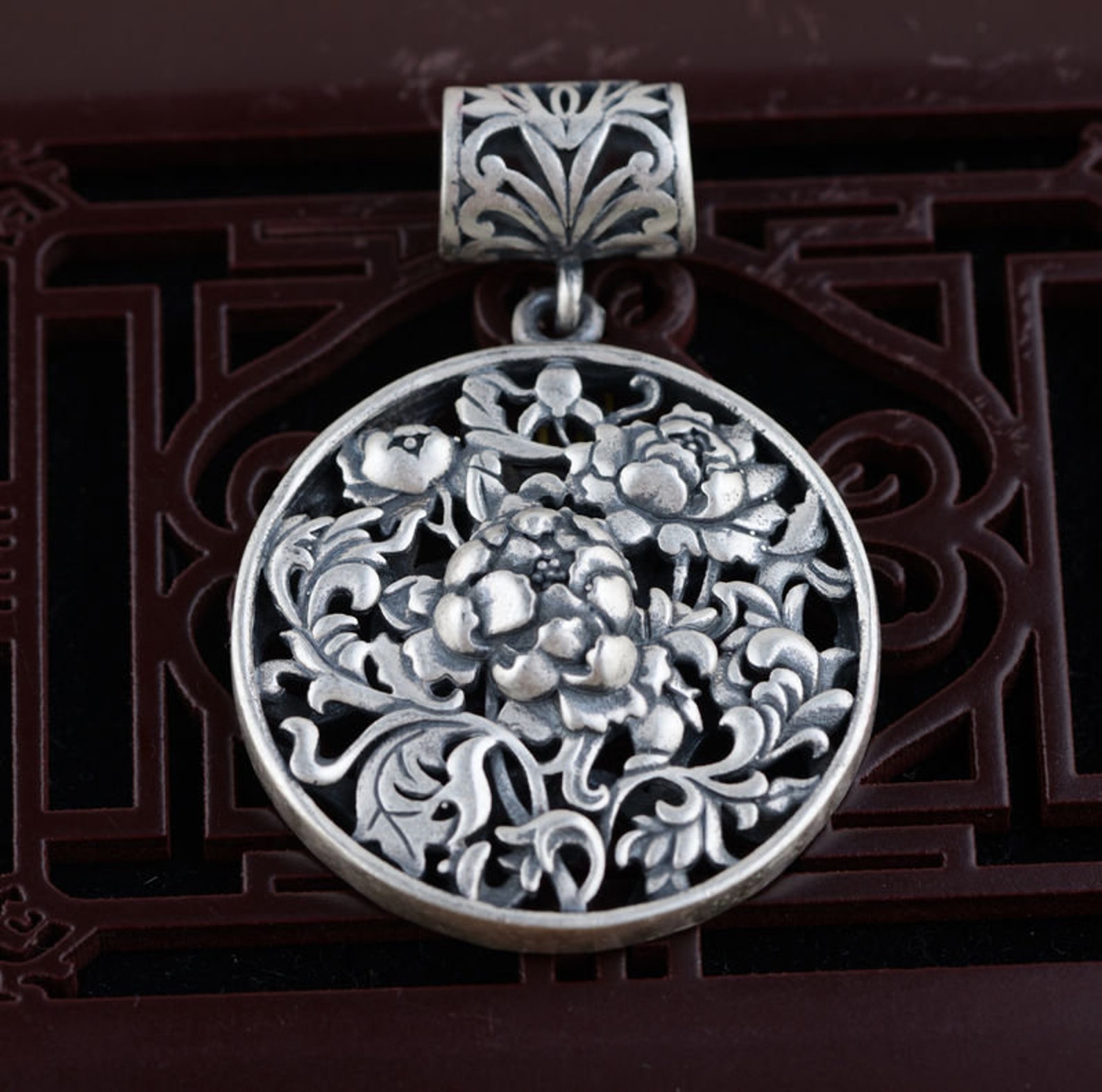 Hollow Round Peony Pendant Fine Solid S990 Pure Silver Flower - Etsy