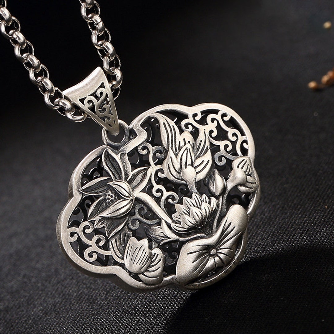 S990 Pure Silver Lotus Flower Pattern Hollow China Lock Shape Vintage ...
