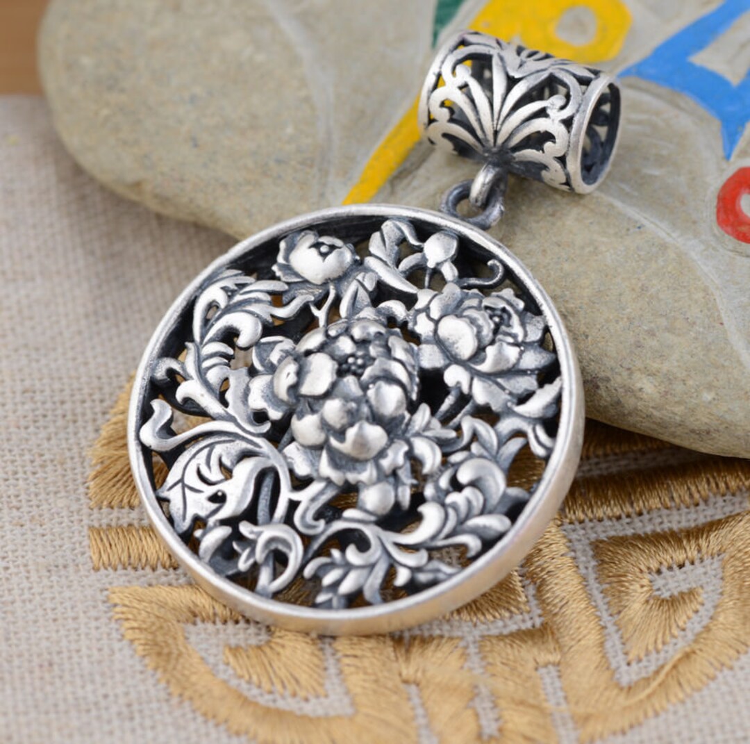 Hollow Round Peony Pendant Fine Solid S990 Pure Silver Flower - Etsy