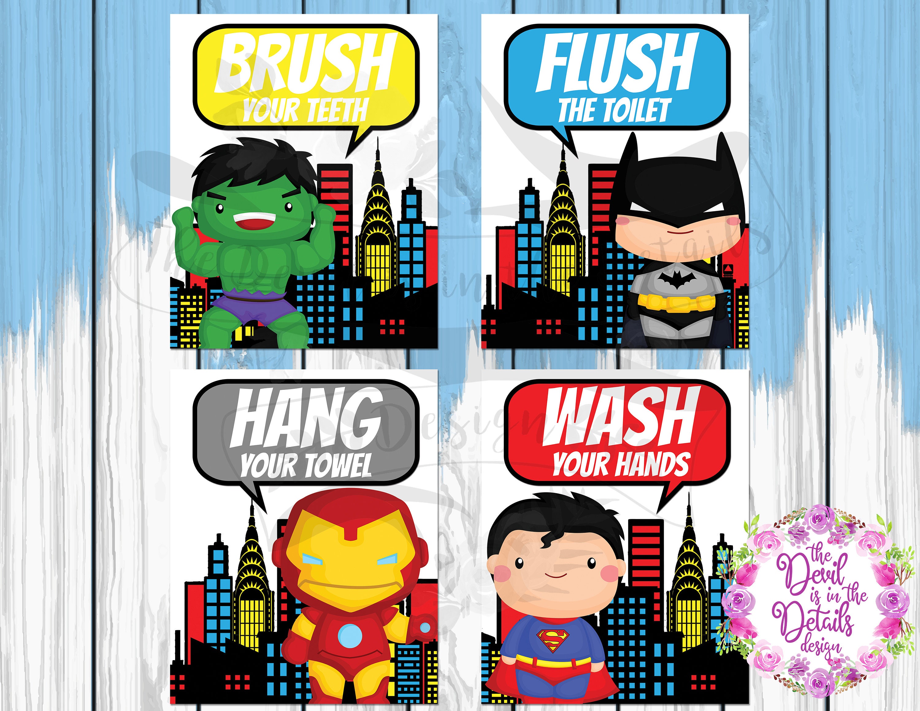 Superhero Bathroom Wall Art DIY Digital Design - Etsy