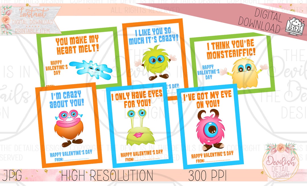 Scary Cute Monster Kids Valentine's Day Cards Digital Design DIY - Etsy