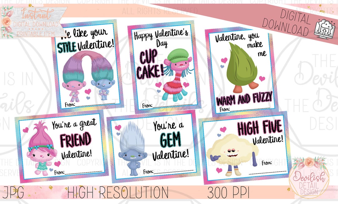 Singing Trolls Inspired Valentines Day Cards - Digital Design - DIY ...
