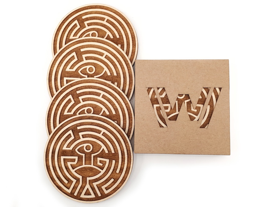 Westworld Maze Engraved Wood Coasters, Table Decoration Set of 4 Drink ...