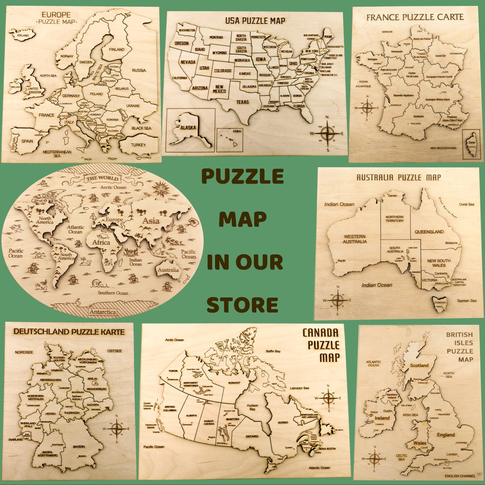 Map of Europe Wood Puzzle, 3D Laser Cut Geographic Art for Adult ...