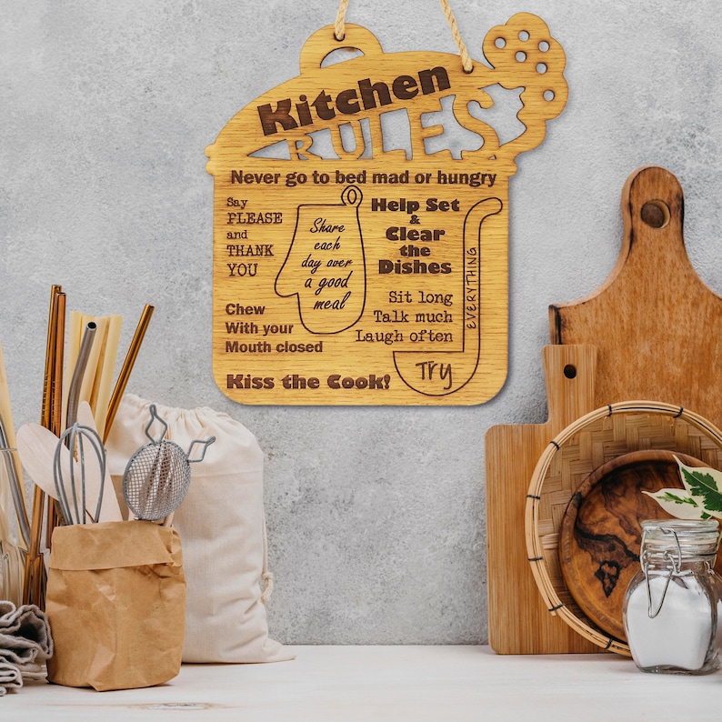 Engraved Wood Kitchen Rules Sign, Rustic Family Wall Art - Etsy
