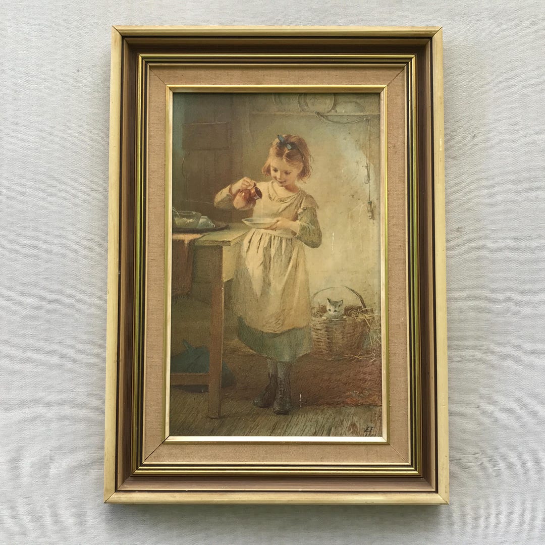Vintage Framed Print, the Little Girl and Her Kitten, French Artist ...