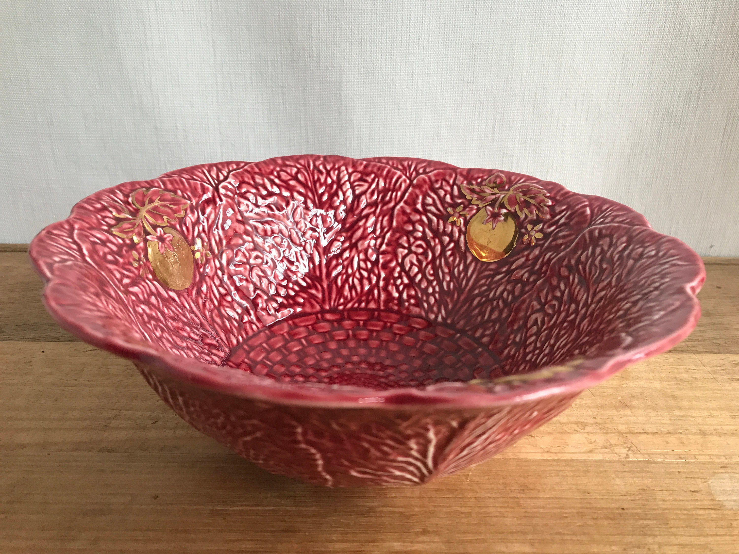 Vintage Crown Devon Cabbage Leaf Bowl, Burgundy Colour, Majolica ...