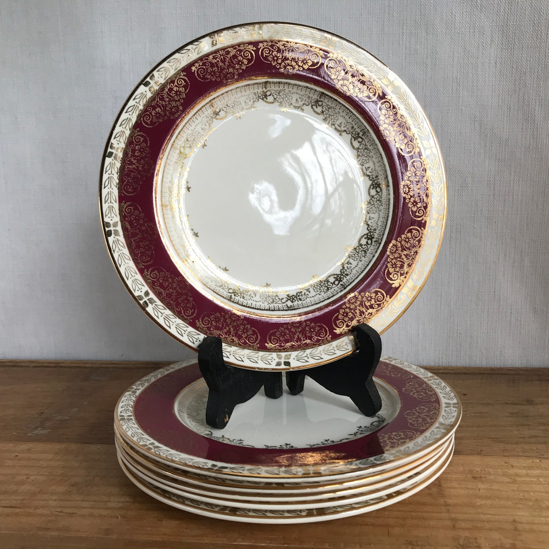 6 Vintage Crown Ducal Side Plates, Burgundy and Gold Pattern, Design ...