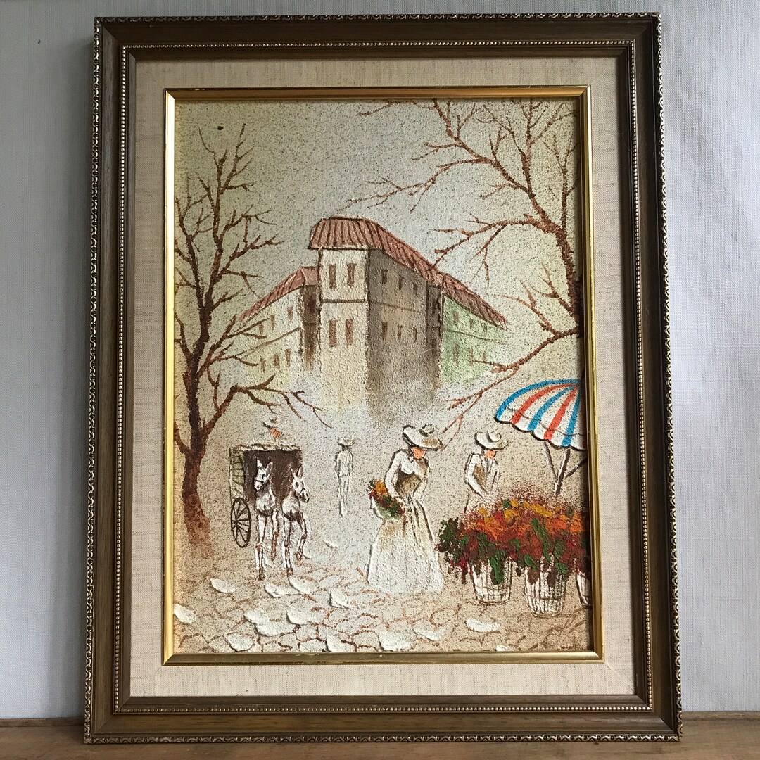 Vintage Framed Sand and Oil Painting, Boris Chezar Artist, Street Scene ...