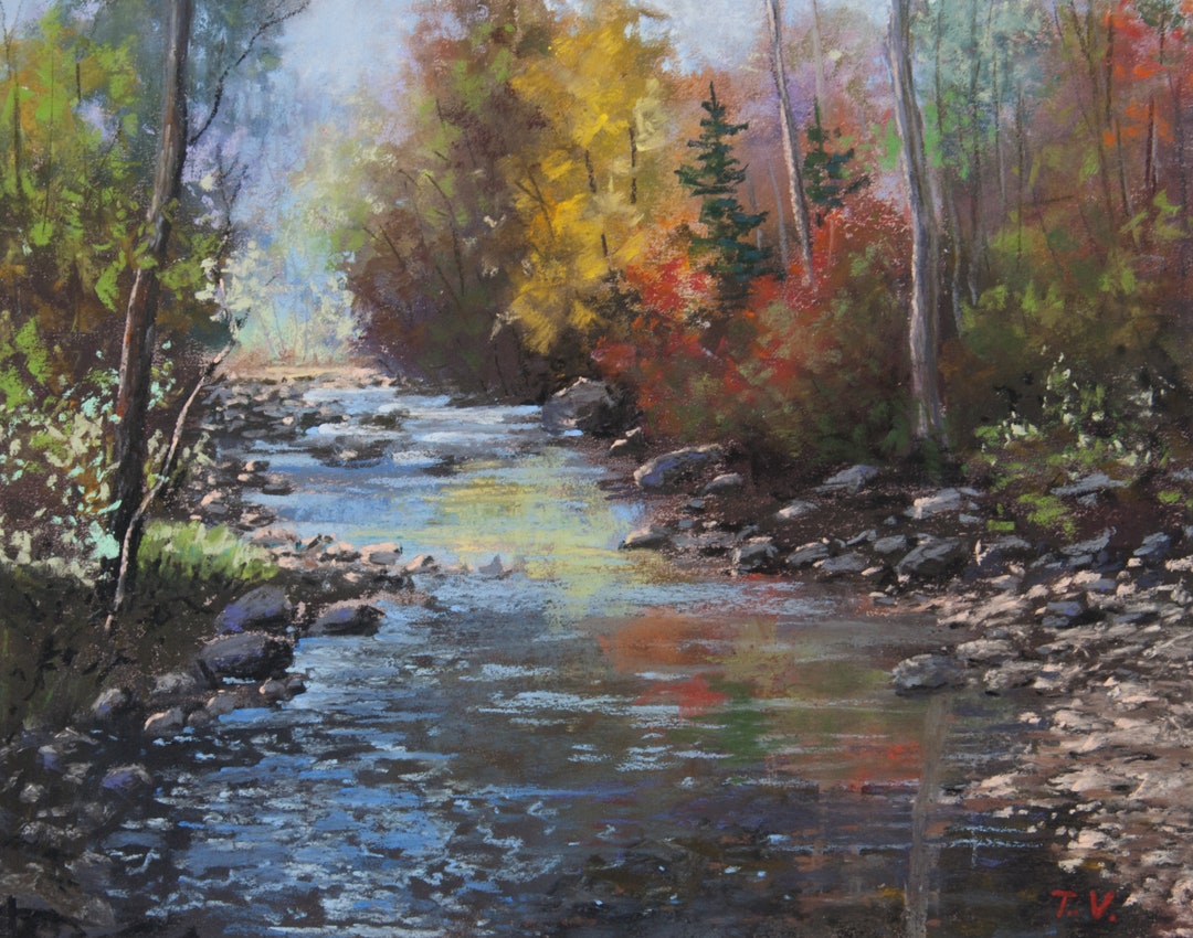 Autumn Forest Pastel Painting: Original Art Creek Landscape (9x12) - Etsy