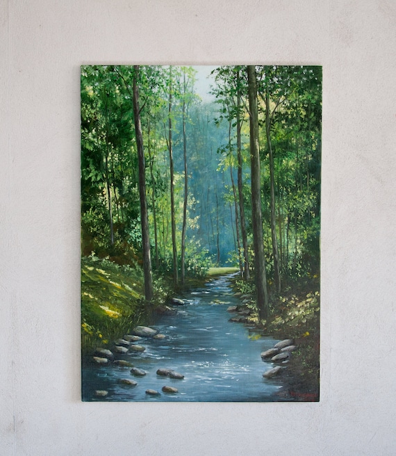 Stream in Forest Oil Painting Original Artwork on Canvas Large - Etsy