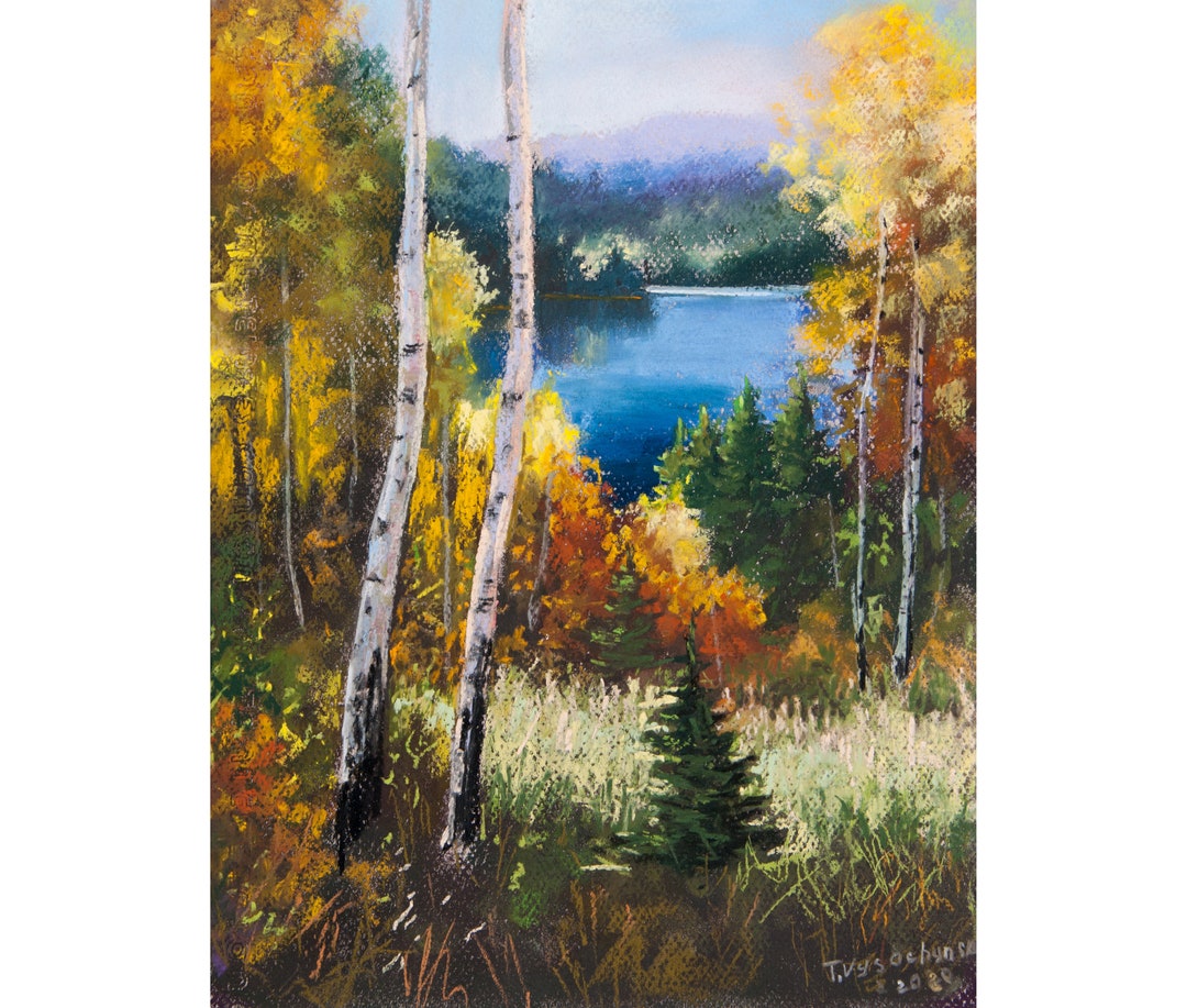 Original Fall Landscape Pastel Painting: Birch Trees, Lake (12x10) - Etsy