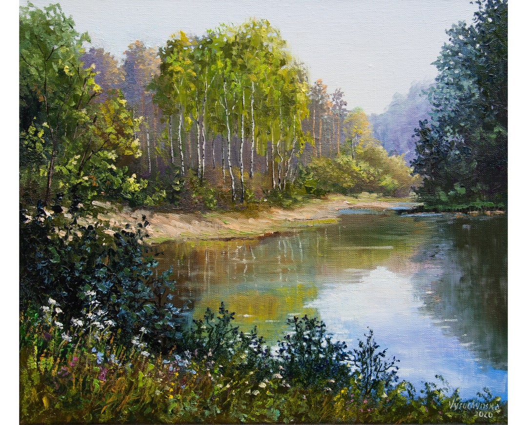 Forest Landscape Oil Painting Original Art Summer Nature Woodland Lake ...