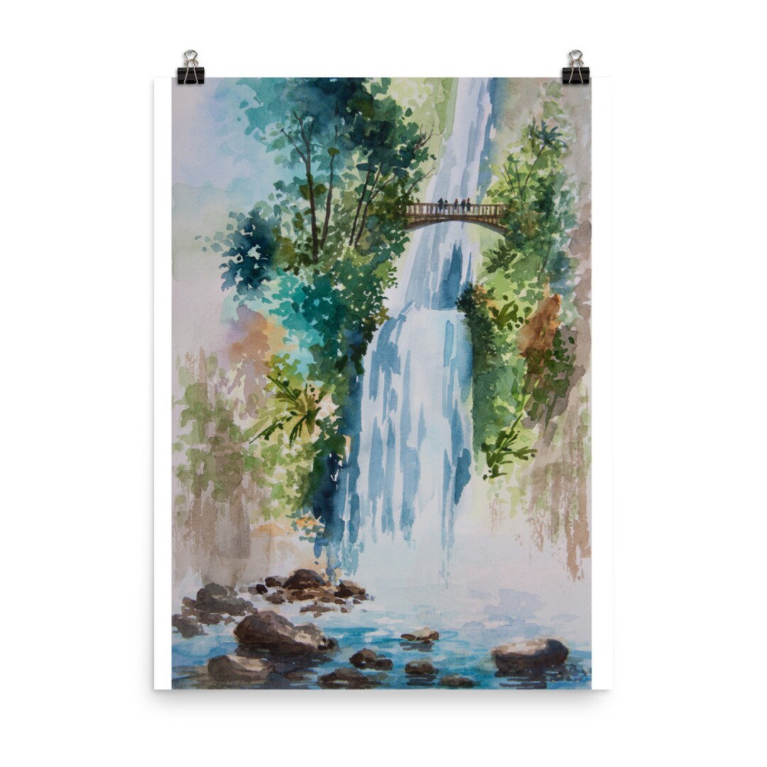 Waterfall Watercolor Painting Large Forest Landscape Poster Waterfall ...