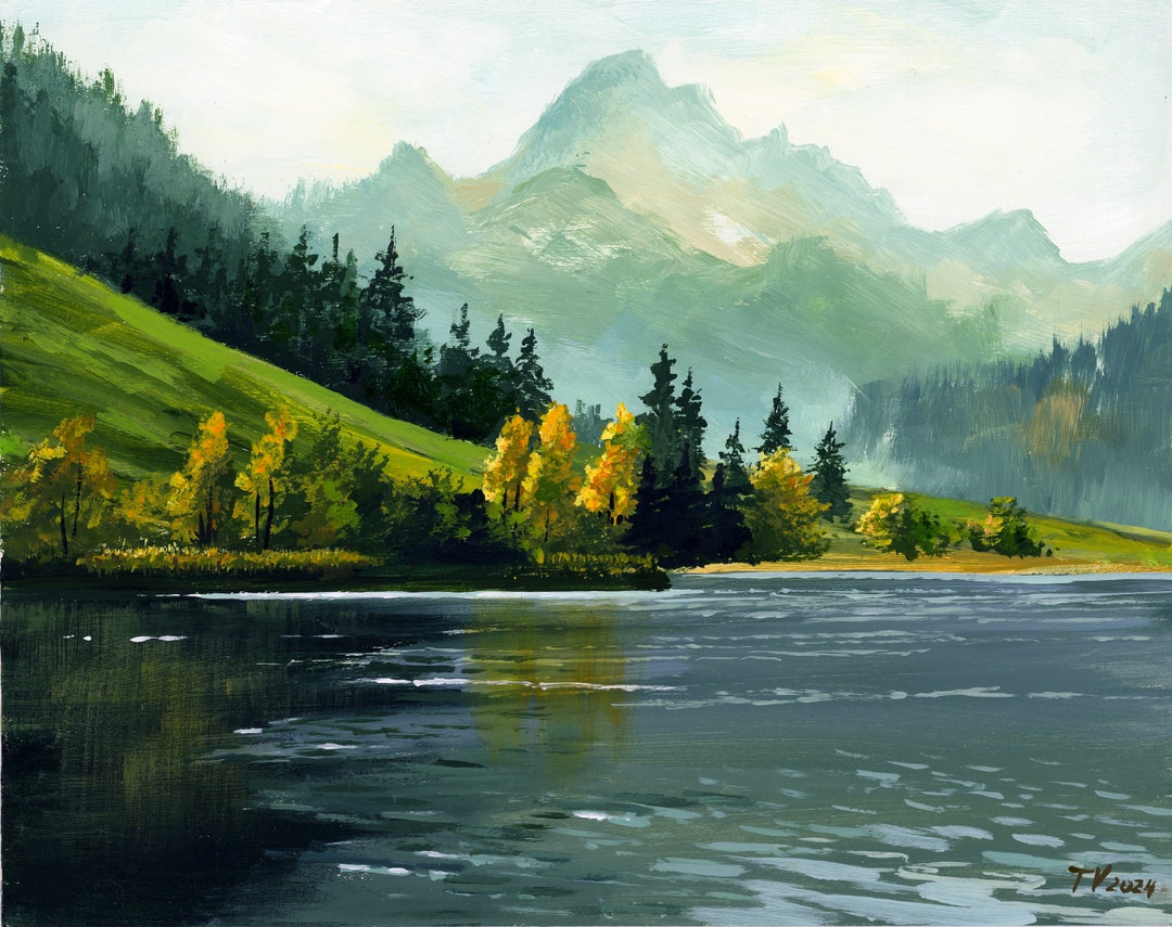 River Landscape Painting Original Art Acrylic Painting Mountains Pine ...