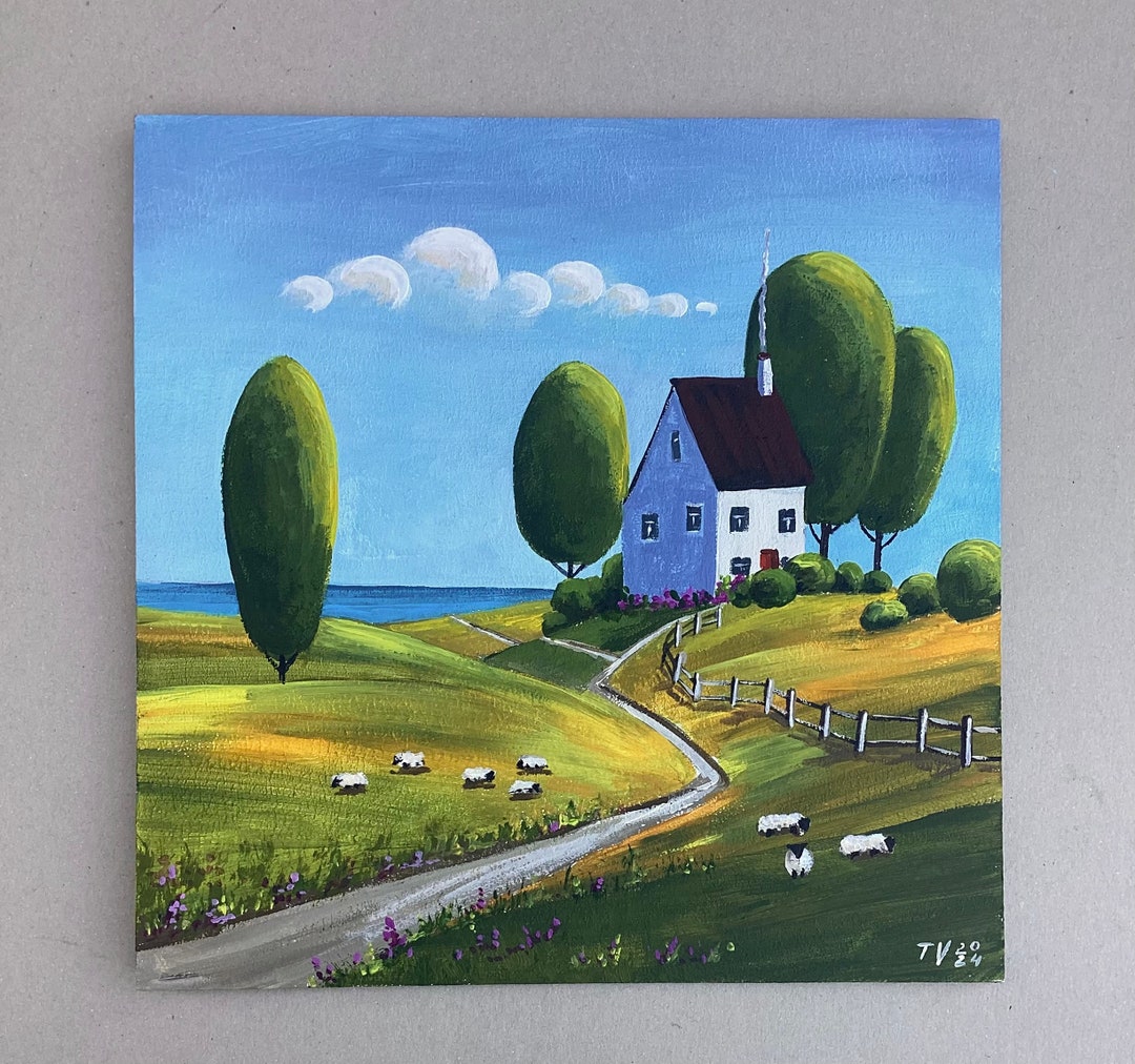 Country Landscape Original Acrylic Painting Rural House and Green ...