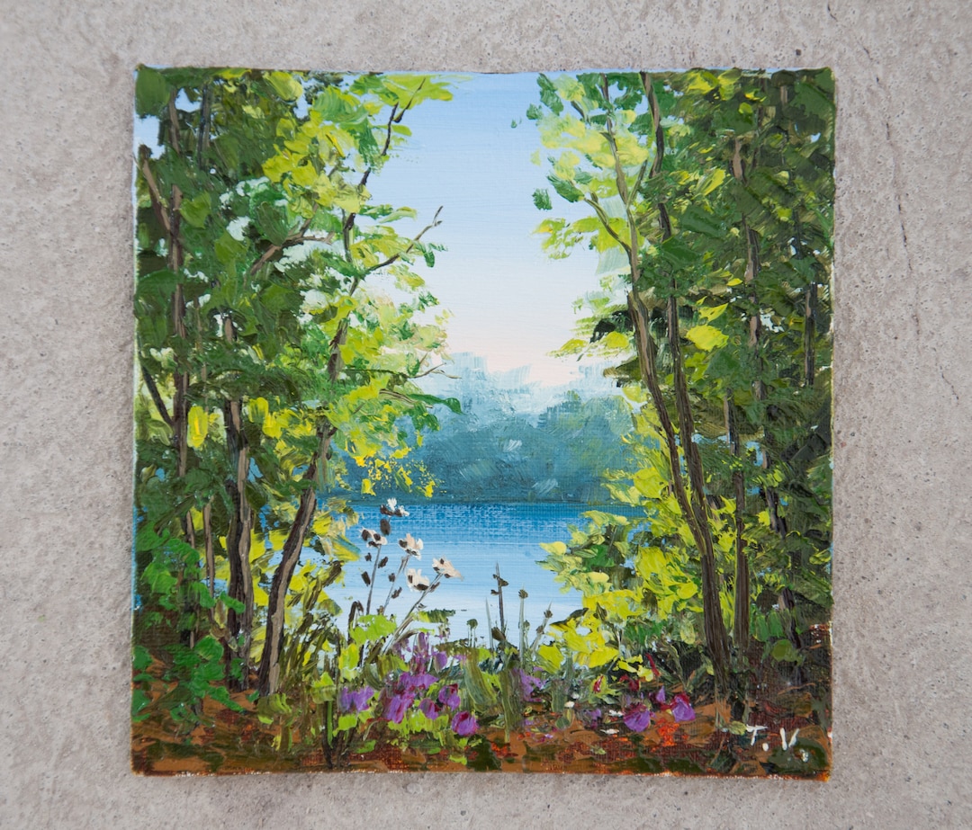 Forest Lake Oil Painting Original Art Green Trees Small Landscape ...