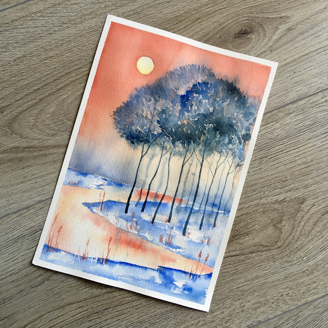 Original Watercolor Painting of Blue Trees in the Orange Morning Light ...