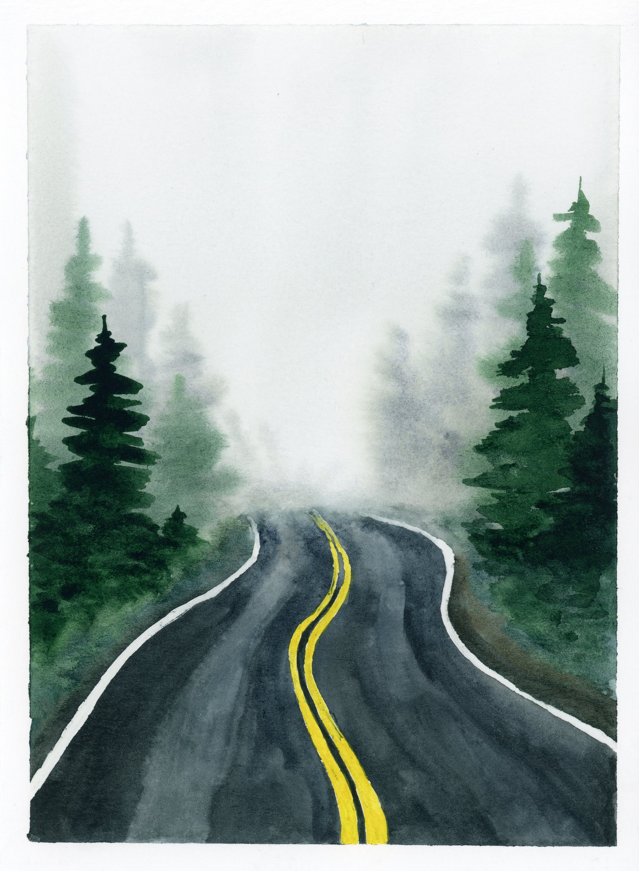 Original Waterolor Painting of a Winding Road Disappearing in the Fog ...