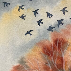 Original Illustration of Trees and Birds in Autumn, Fall Colors, Autumn ...