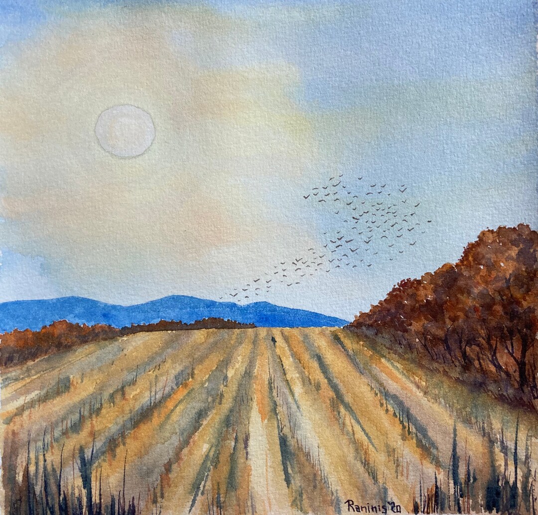 Original Watercolor Painting of Autumn Fields With Flock of Birds in ...