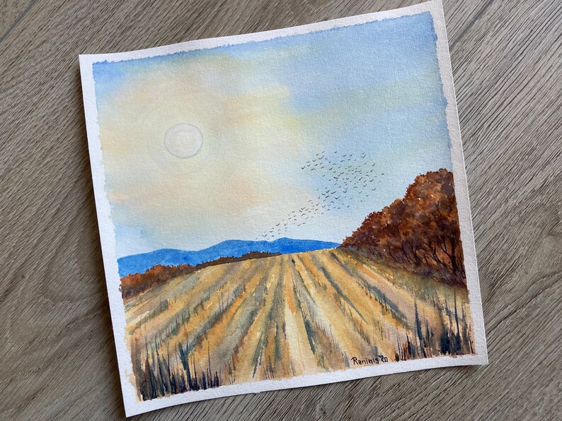 Original Watercolor Painting of Autumn Fields With Flock of Birds in ...