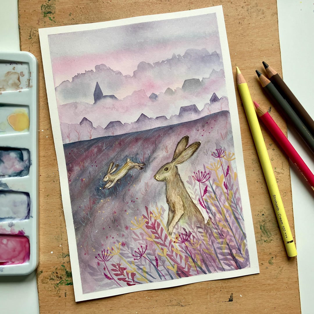 Original Mixed Media Illustration of Cute Rabbits in the Fields in ...