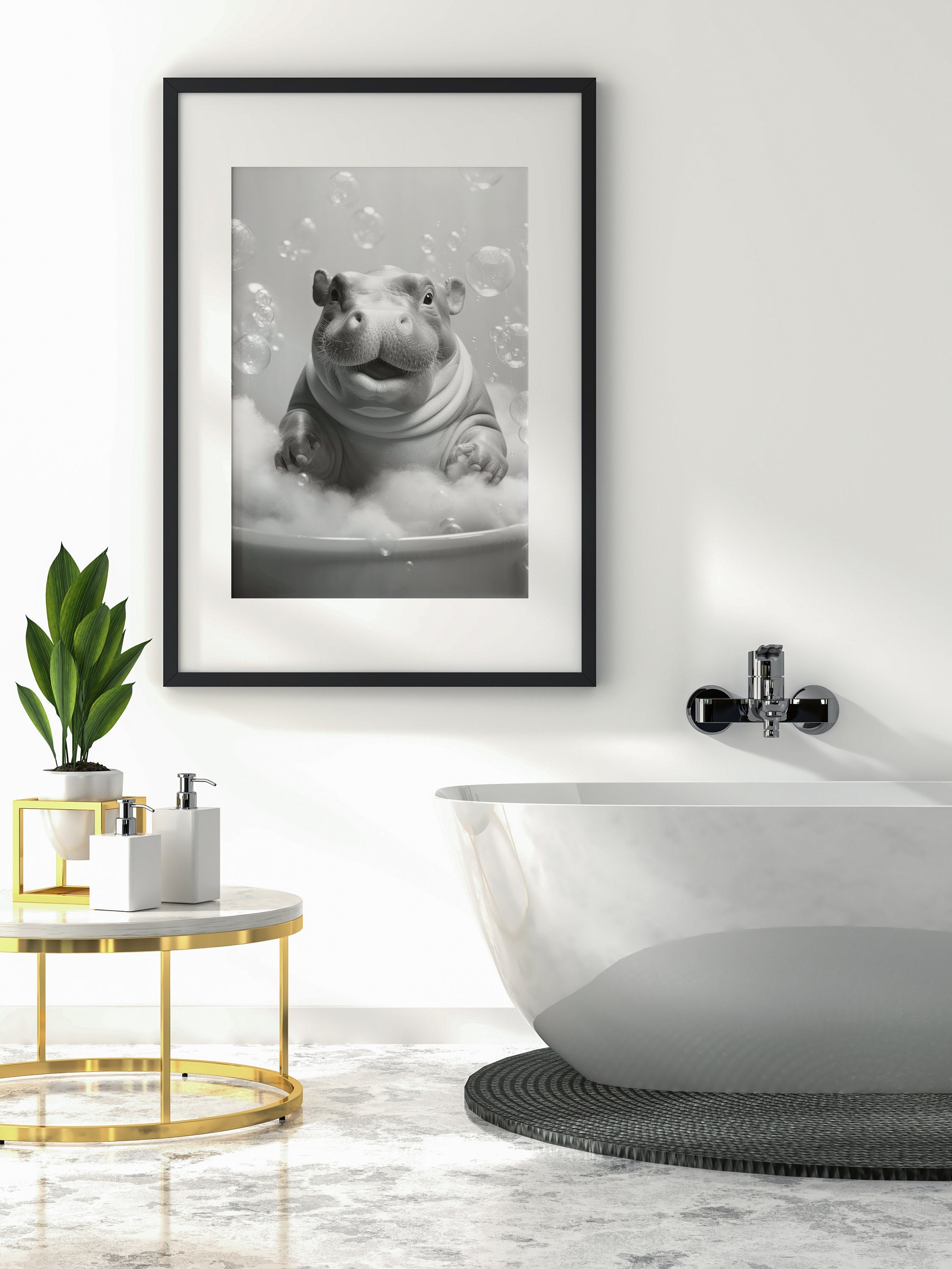 Bathroom Art Print, Adorable Hippo in Tub Printable Wall Art, Black and ...