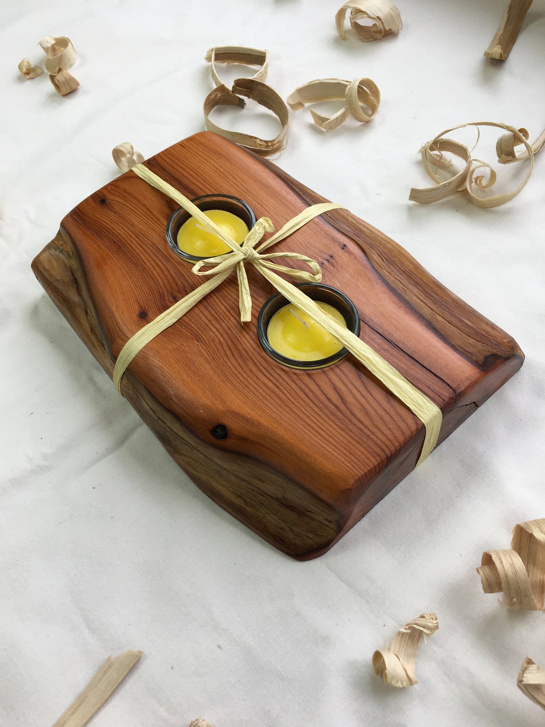 Handcrafted English Yew Rustic Wooden Tea Light Candle Holder Display ...
