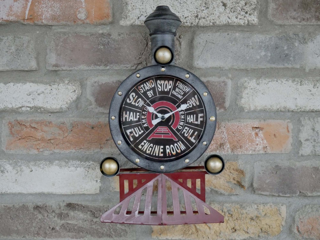 Train Clock Large 34cm Metal Railway Locomotive Style Wall Clock Aged ...