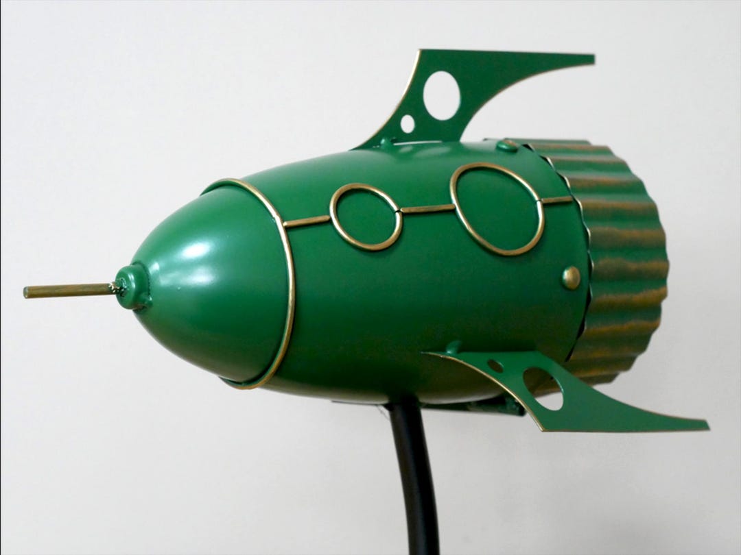 Retro Rocket Clock Spaceship Large 28cm Metal Desk Clock Aged Green ...