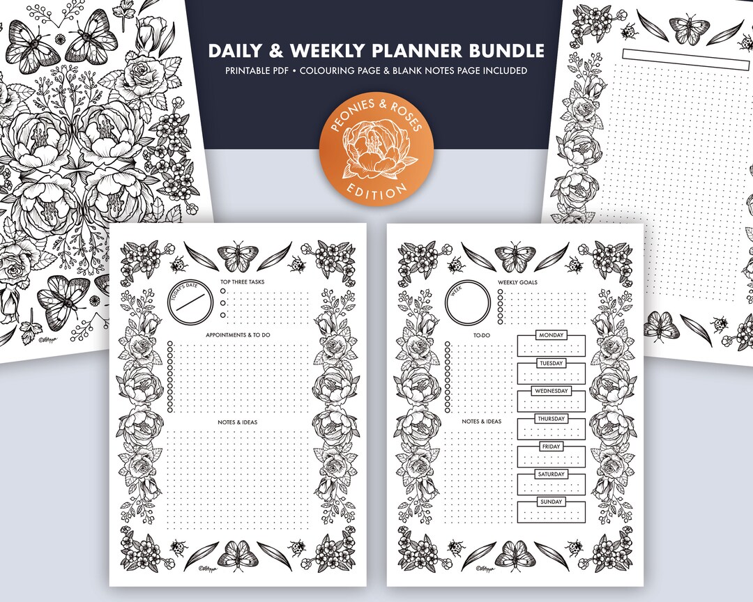 Daily Planner & Weekly Planner | Printable Planner Bundle | Peonies and ...