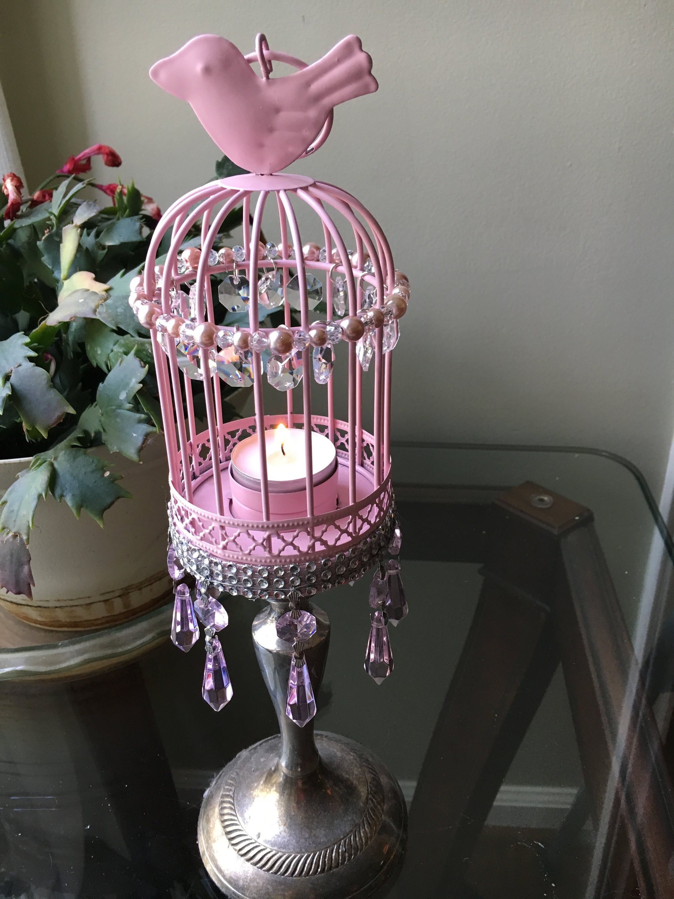 Miniature Birdcage Tea Light Candle Holder, Decorated With Pink Crystal ...