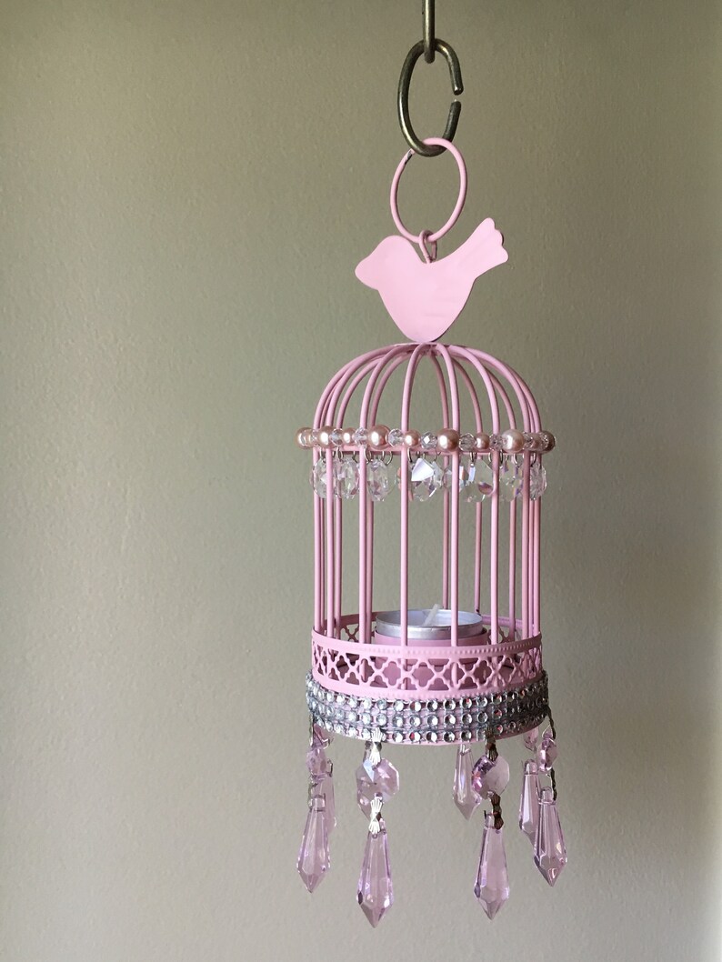 Miniature Birdcage Tea Light Candle Holder, Decorated With Pink Crystal ...