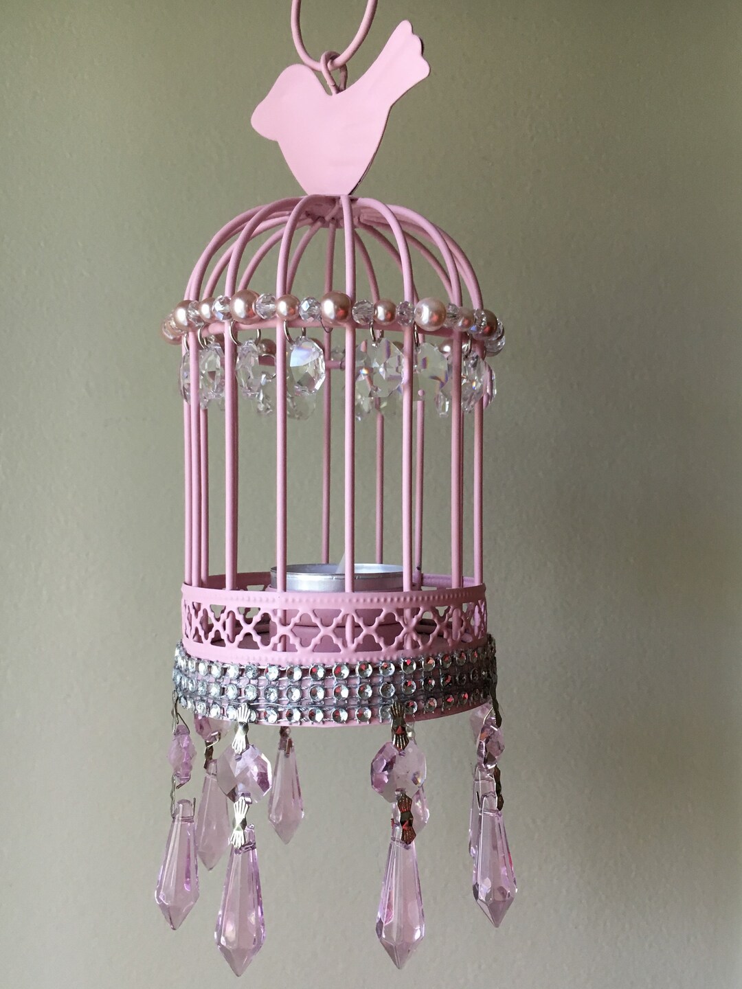 Miniature Birdcage Tea Light Candle Holder, Decorated With Pink Crystal ...