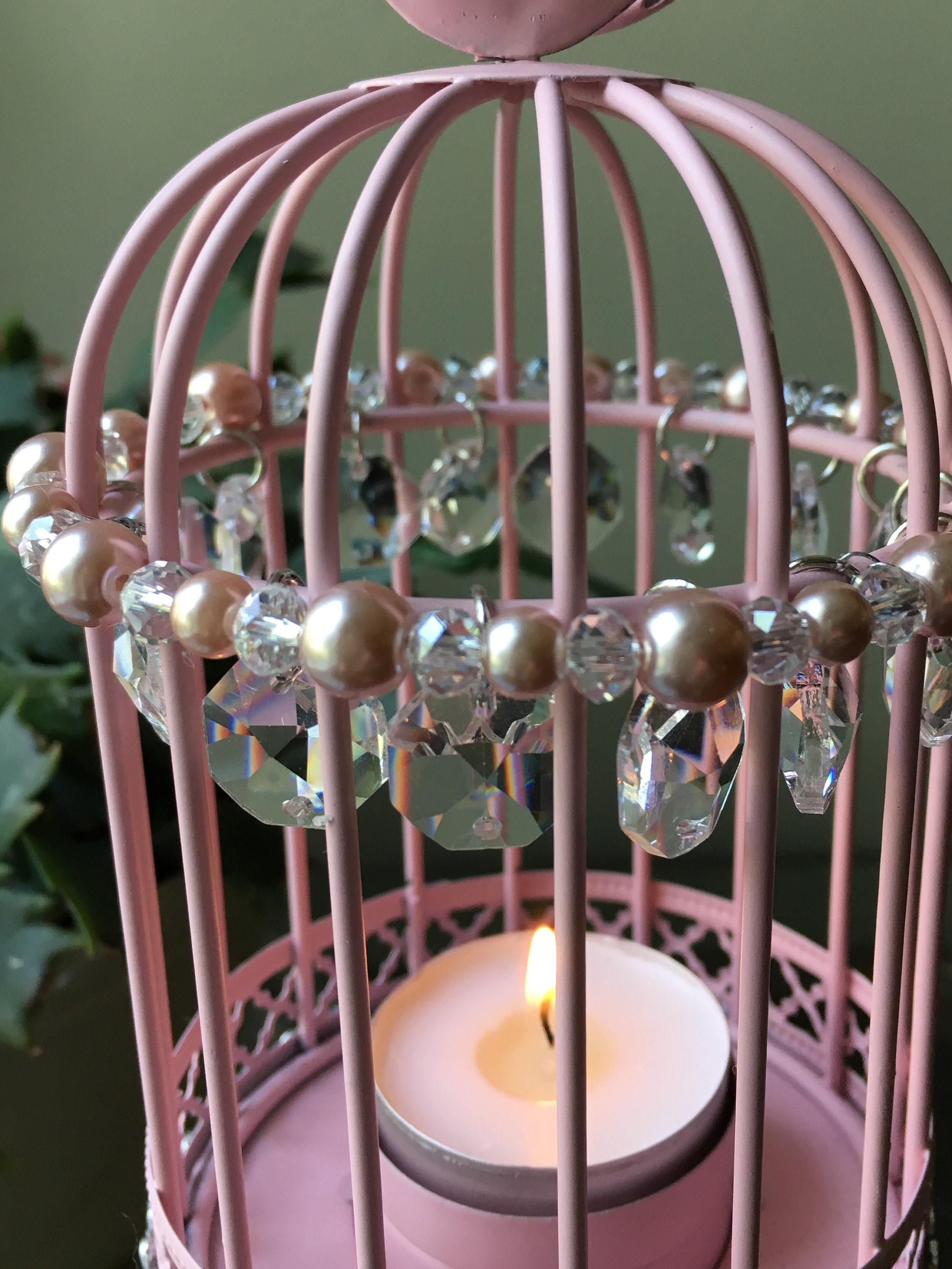 Miniature Birdcage Tea Light Candle Holder, Decorated With Pink Crystal ...