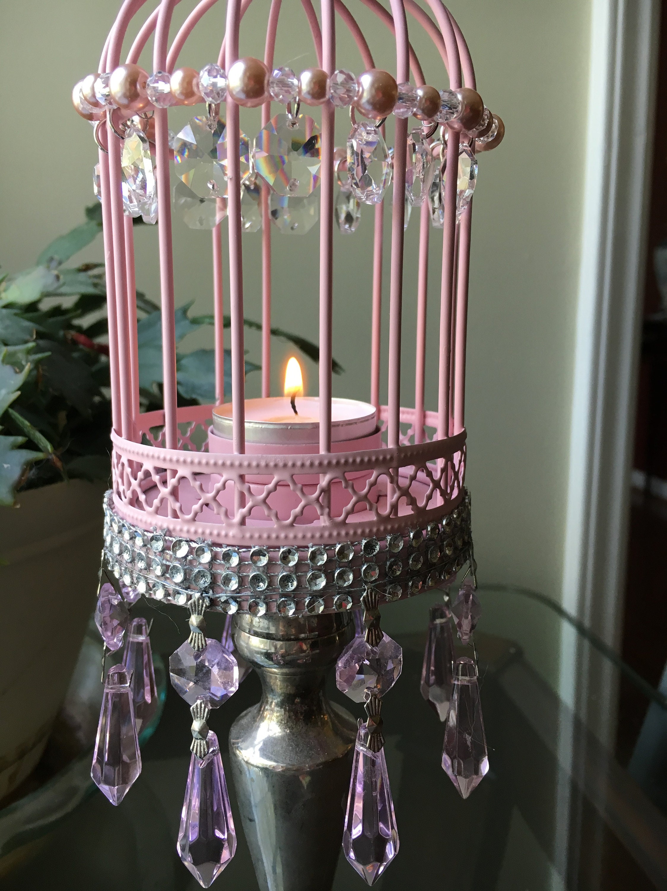 Miniature Birdcage Tea Light Candle Holder, Decorated With Pink Crystal ...
