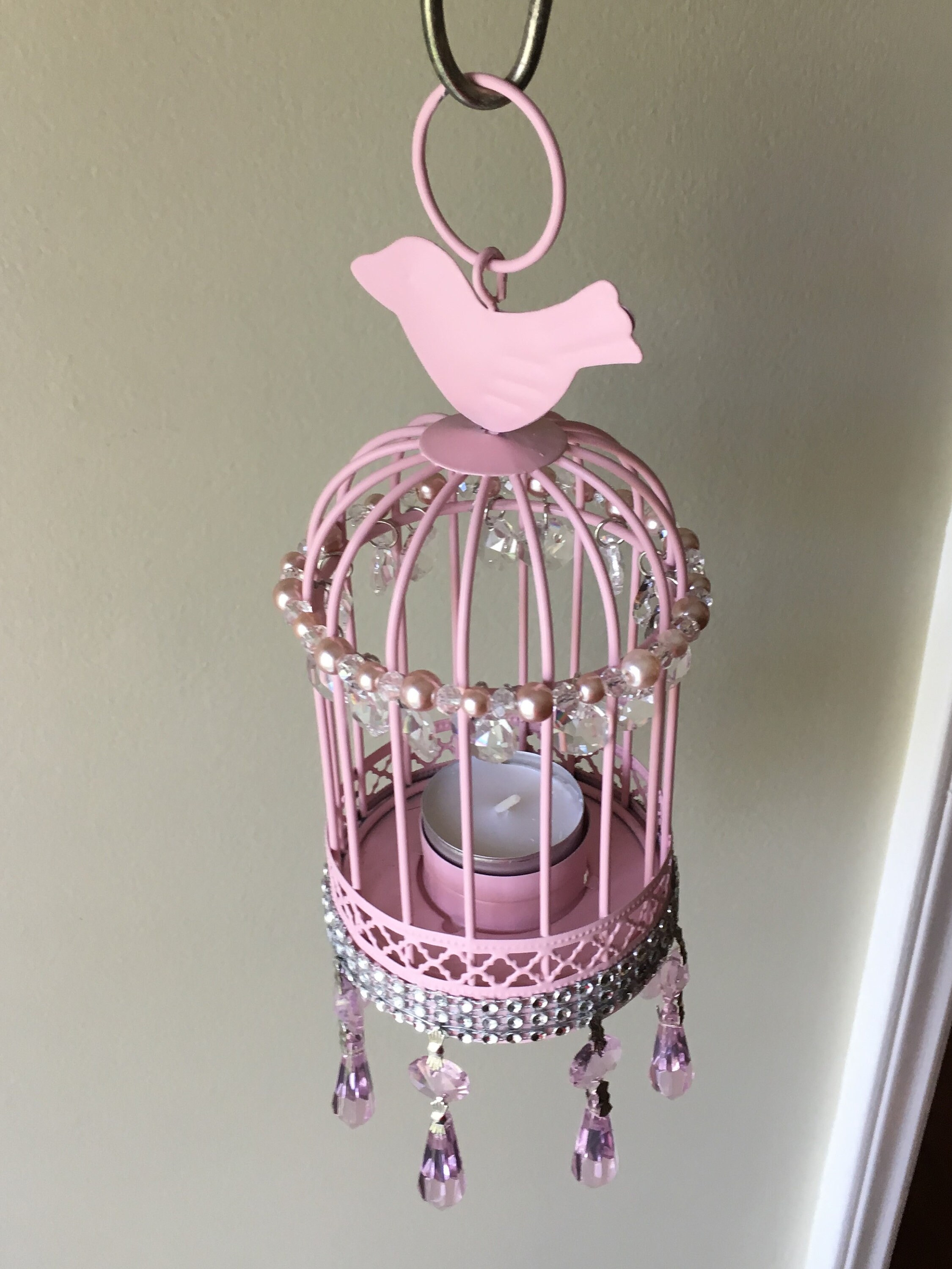 Miniature Birdcage Tea Light Candle Holder, Decorated With Pink Crystal ...